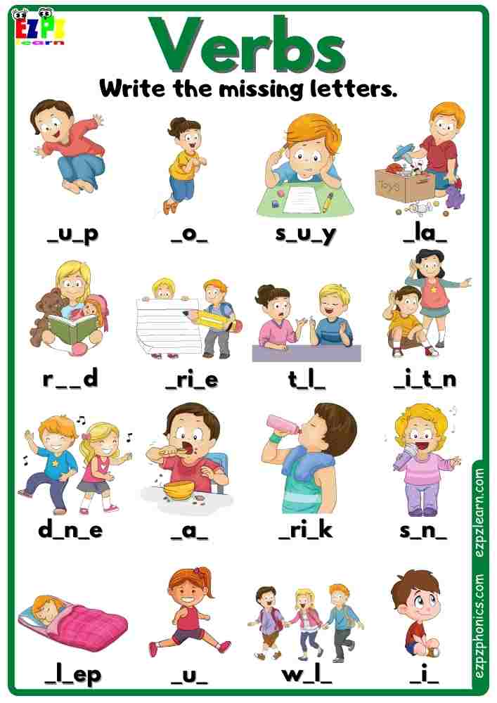 Verbs Vocabulary Write the Missing Letters Activity for Kids and ESL Students - Ezpzlearn.com